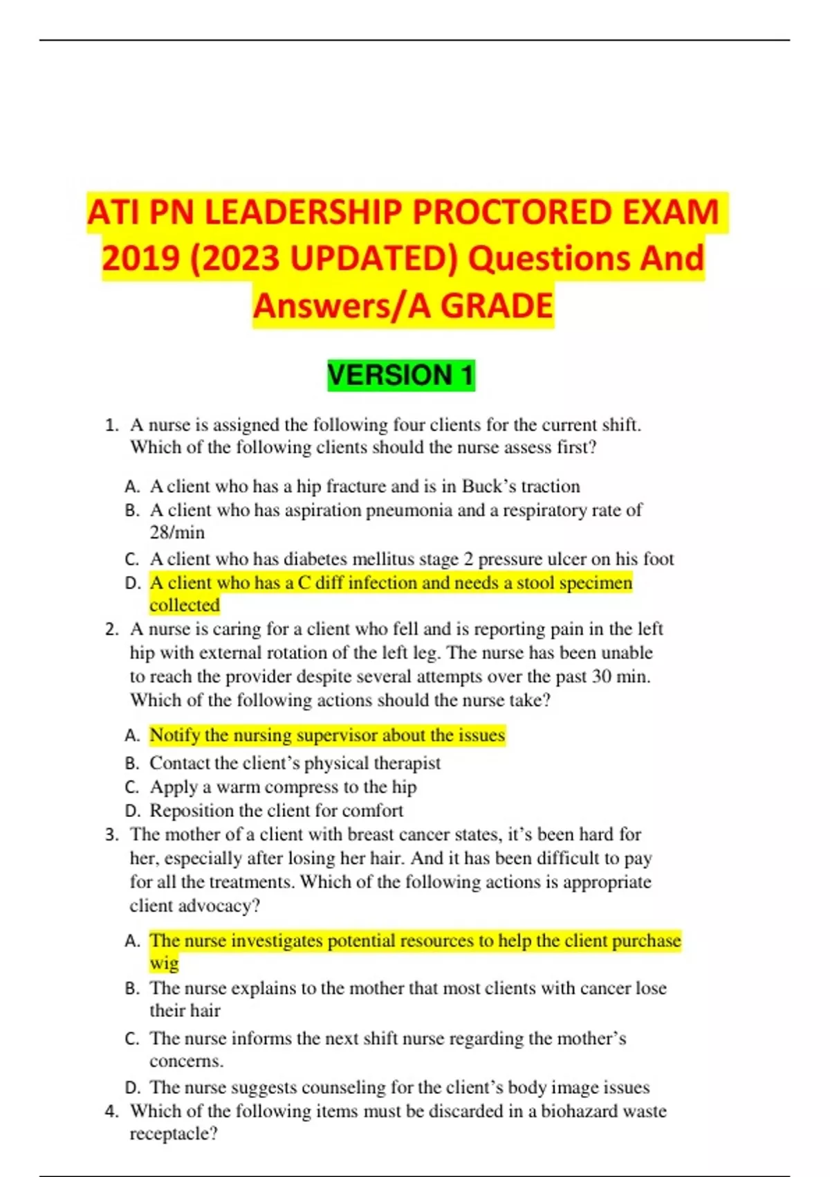 ATI PN LEADERSHIP PROCTORED EXAM 2019 (2023 UPDATED) Questions And ...
