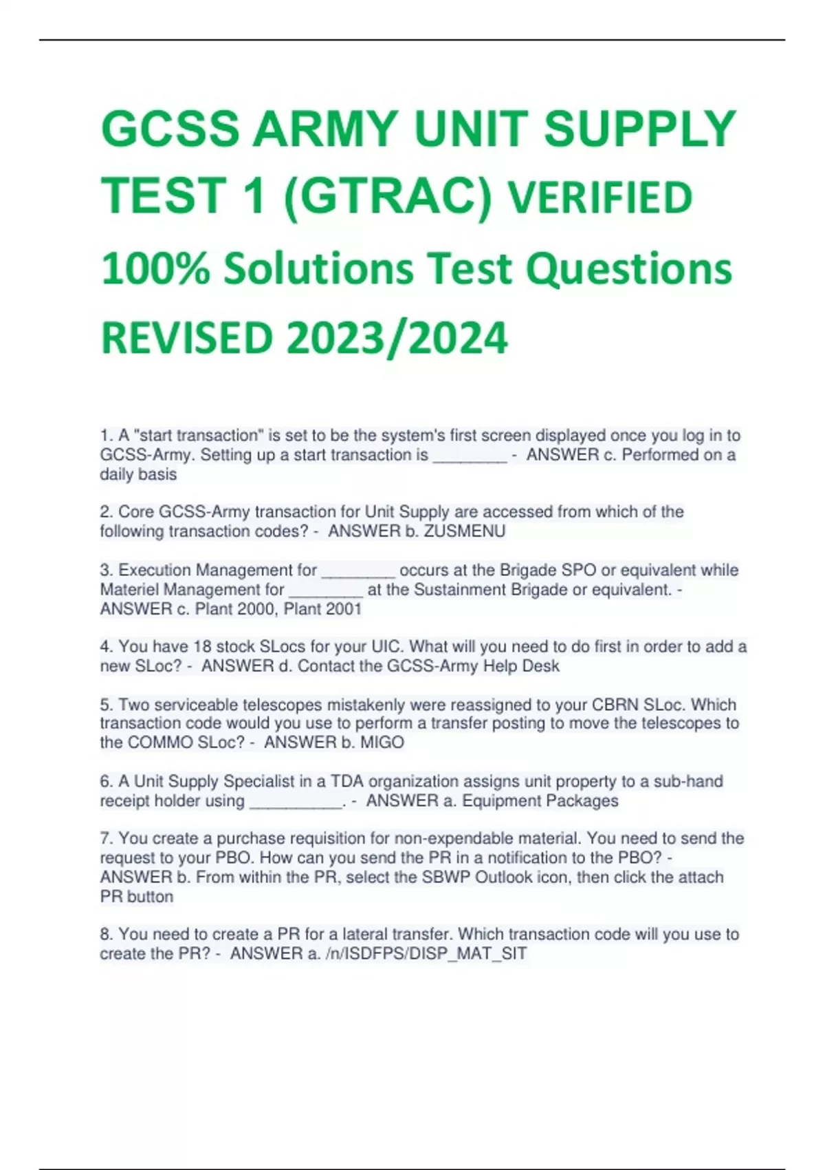 Gcss Army Unit Supply Test 1 Gtrac Verified 100 Solutions Test Questions Revised 2023 2024