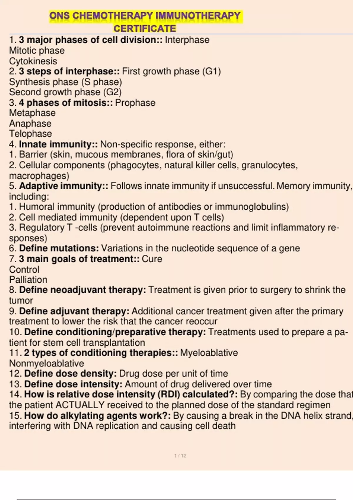 ONS Chemotherapy Immunotherapy Certificate 1. 3 major phases of cell ...