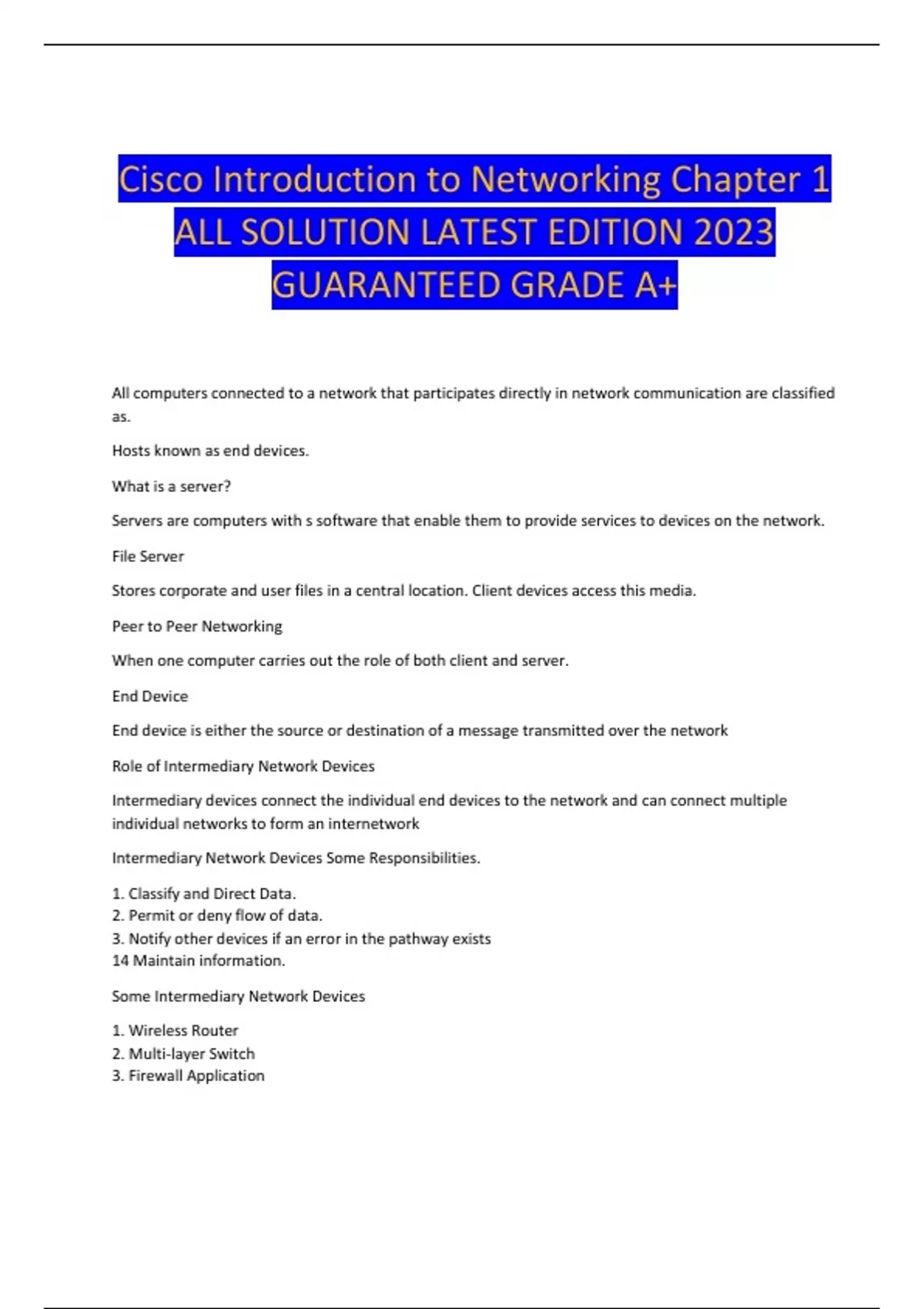 Cisco Introduction To Networking Chapter 1 All Solution Latest Edition 2023 Guaranteed Grade A