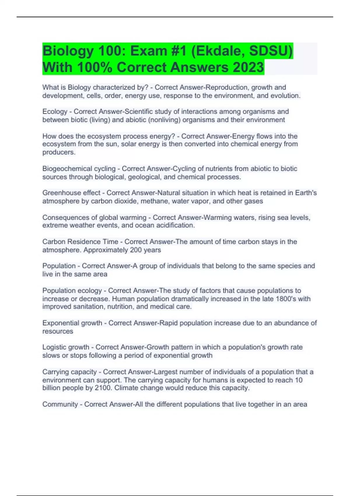 Biology 100: Exam #1 (Ekdale, SDSU) With 100% Correct Answers 2023 ...