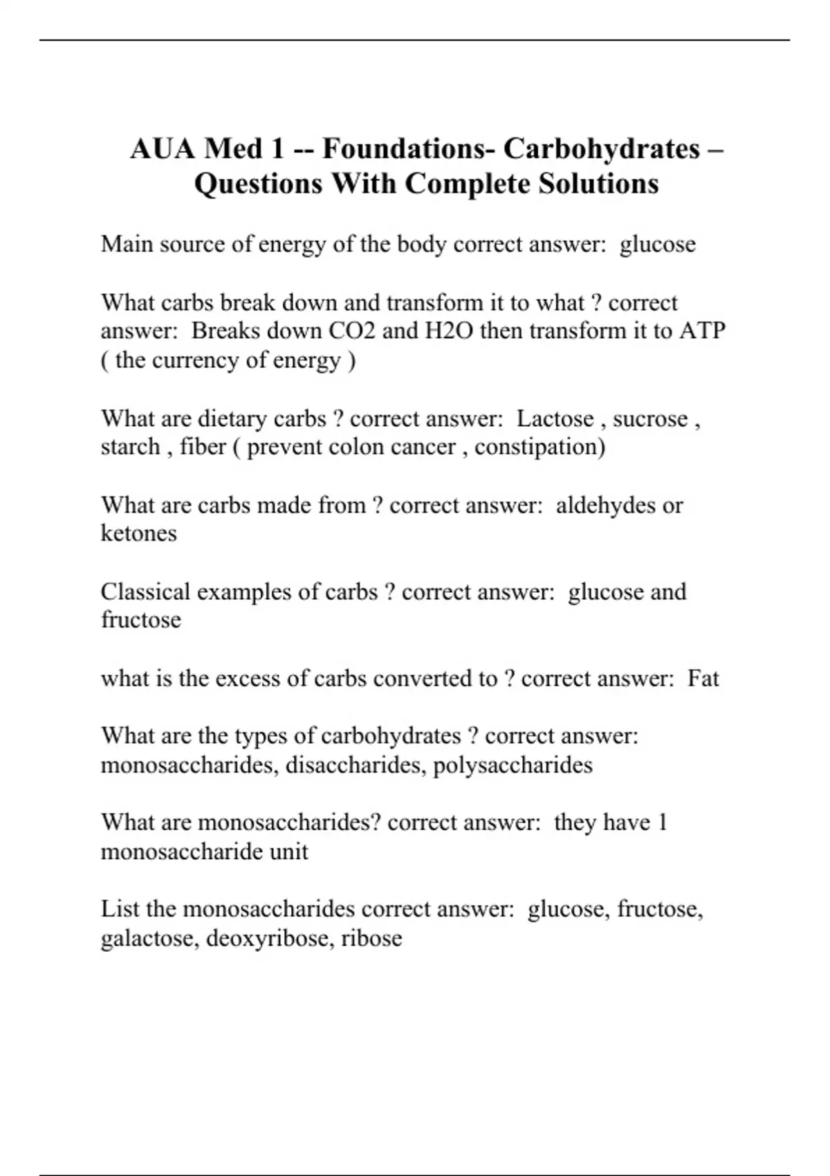 AUA Med 1 -- Foundations- Carbohydrates – Questions With Complete ...