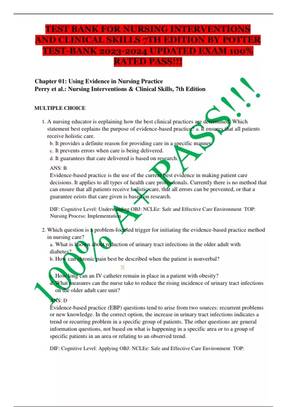 TEST BANK FOR NURSING INTERVENTIONS AND CLINICAL SKILLS 7TH EDITION BY ...