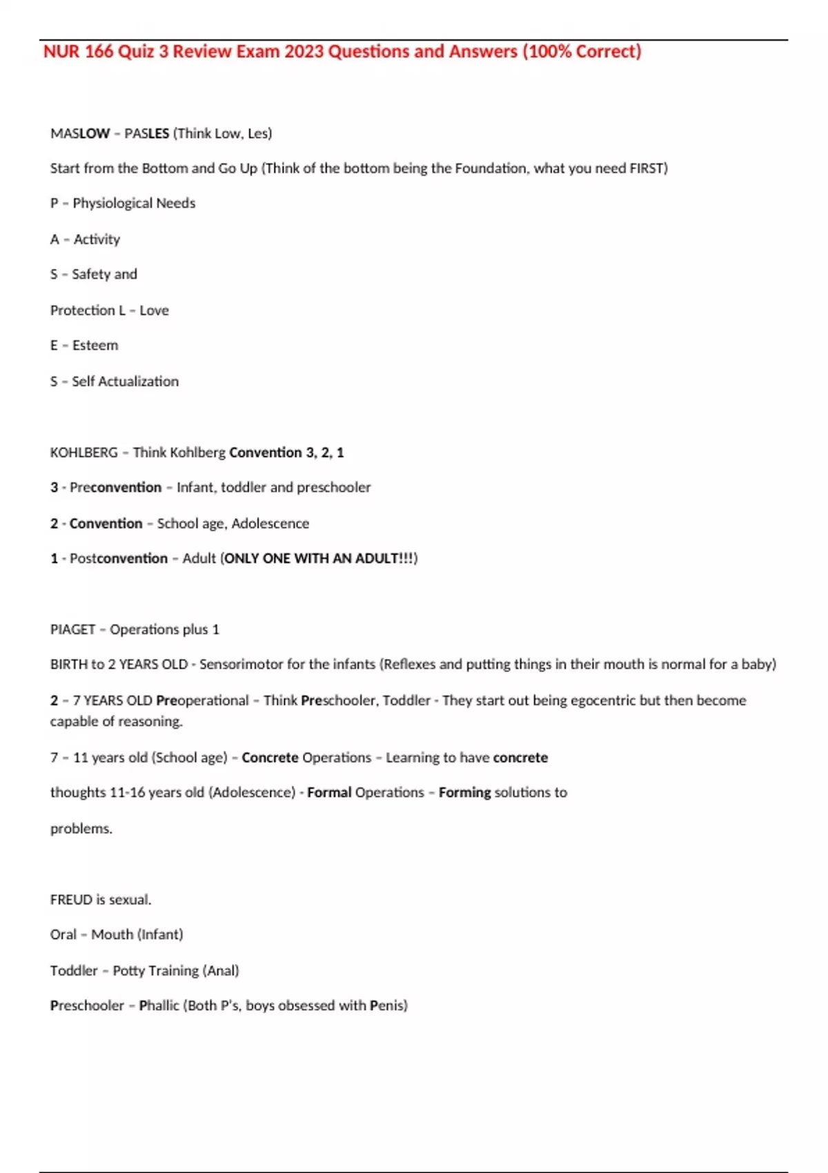 NUR 166 Quiz 3 Review Exam 2023 Questions and Answers (100% Correct ...