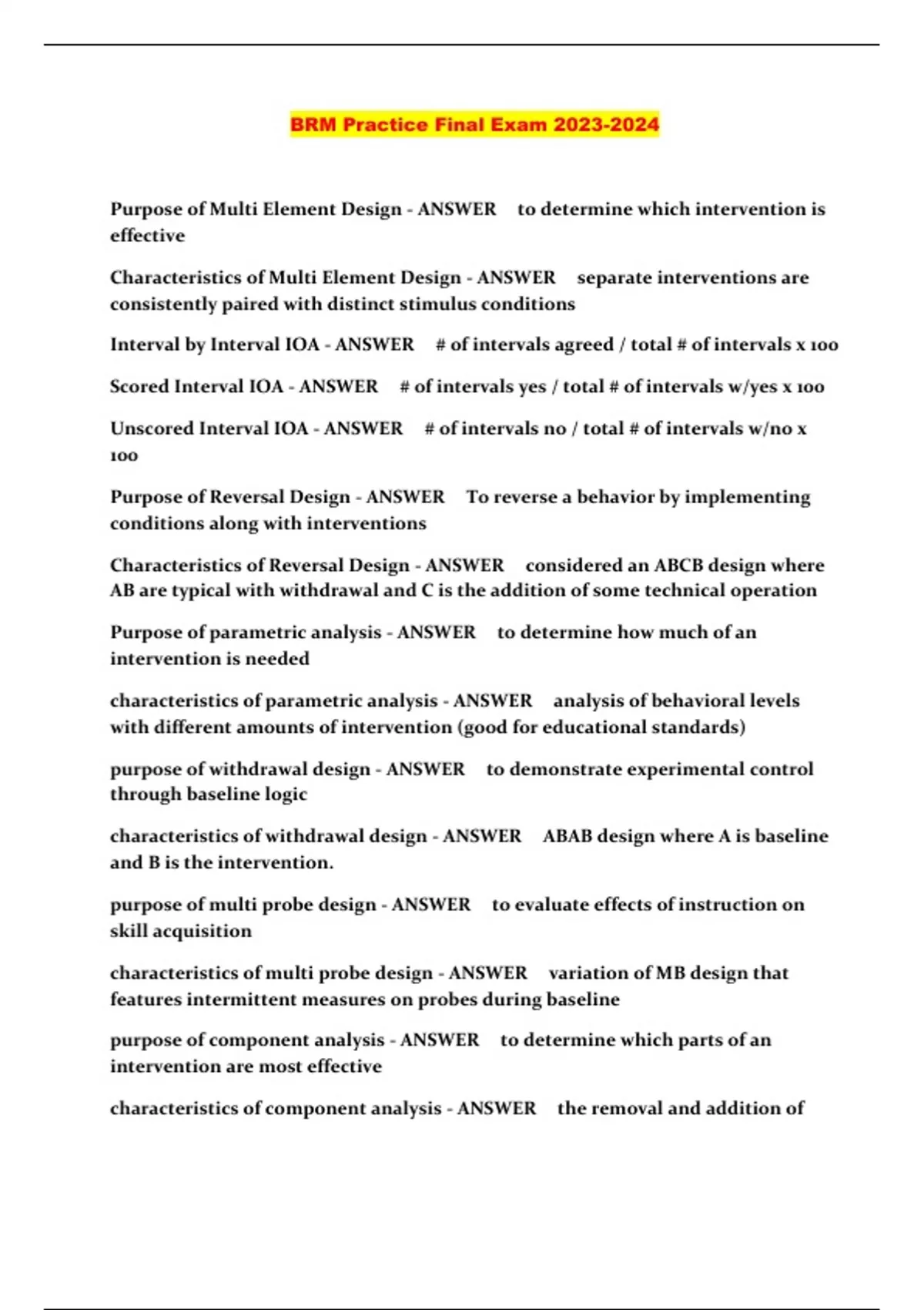 BRM Practice Final Exam - BRM - Stuvia US