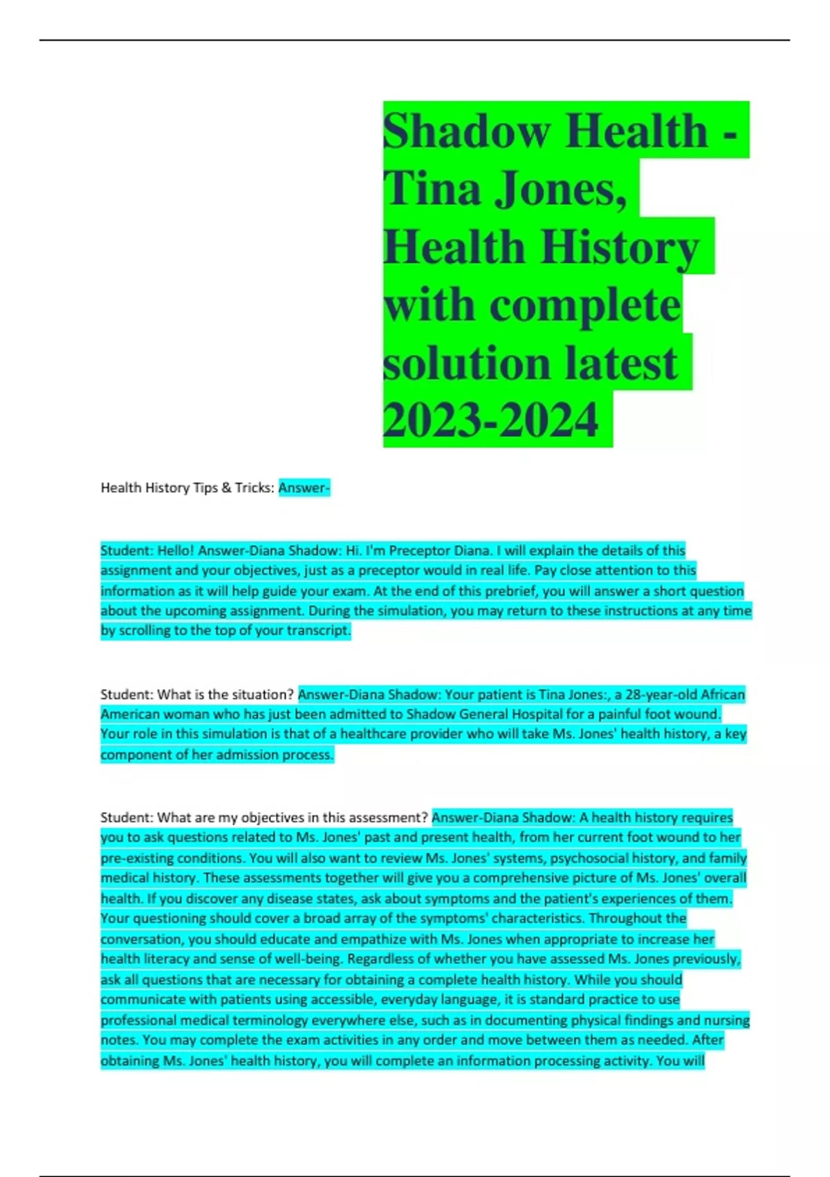 Shadow Health - Tina Jones, Health History with complete solution ...