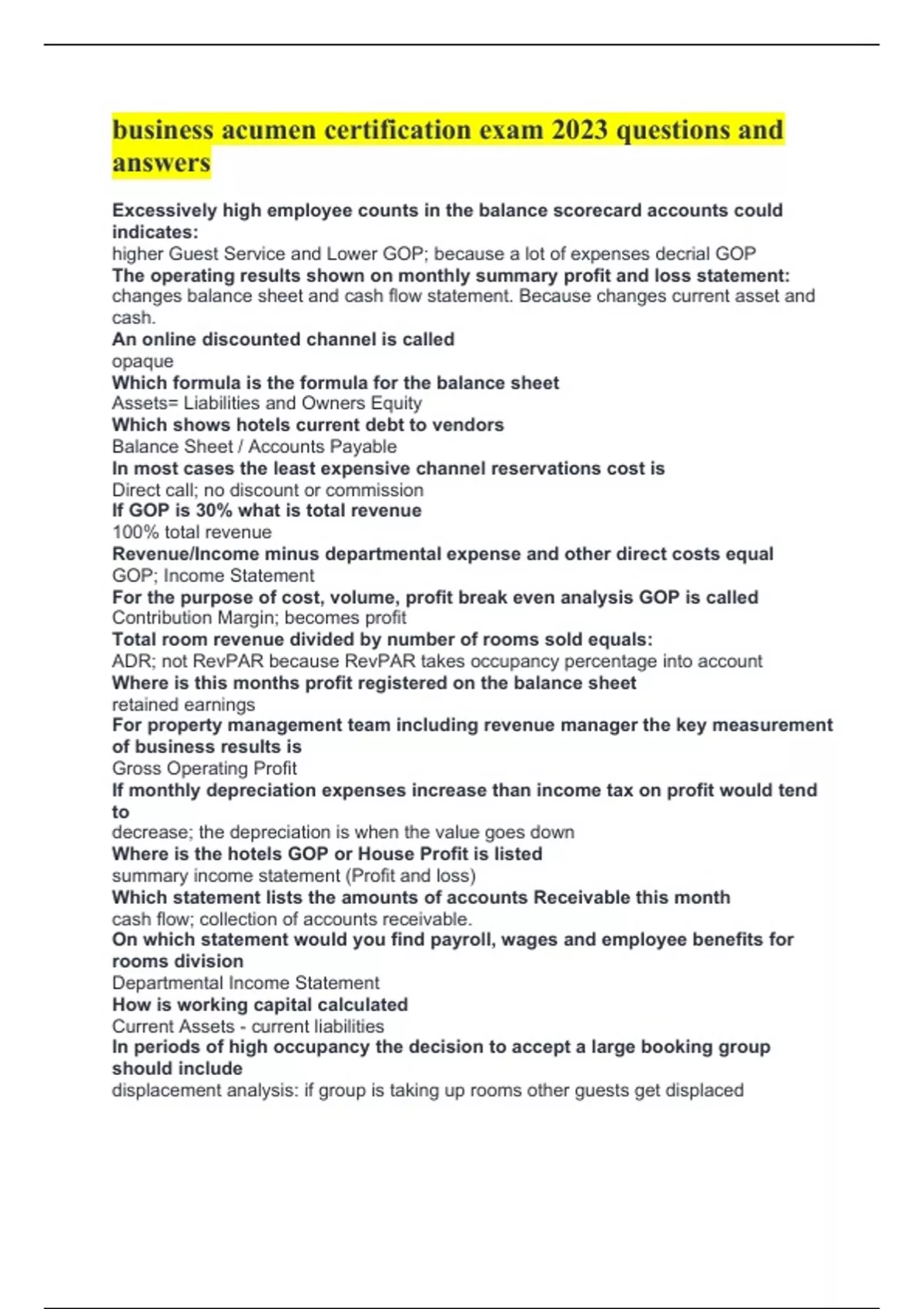 business acumen certification exam 2023 questions and answers ...