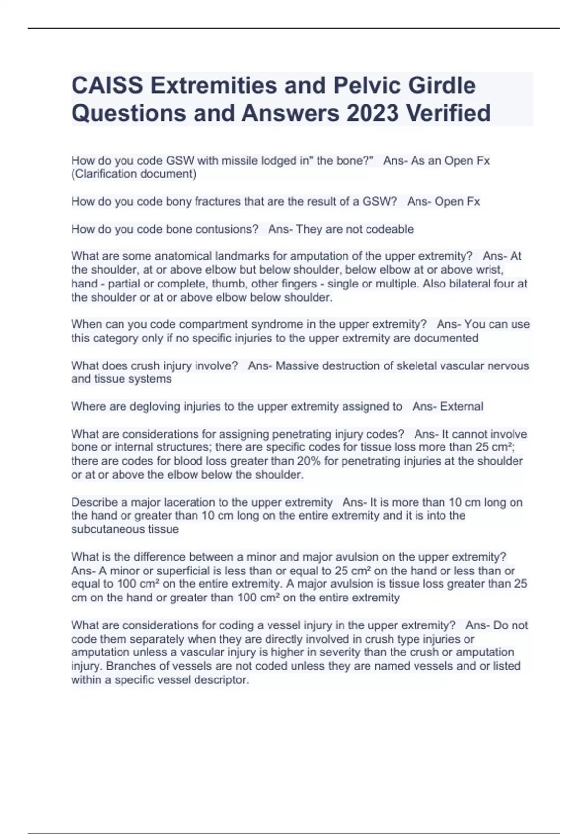 CAISS Extremities and Pelvic Girdle Questions and Answers 2023 Verified ...