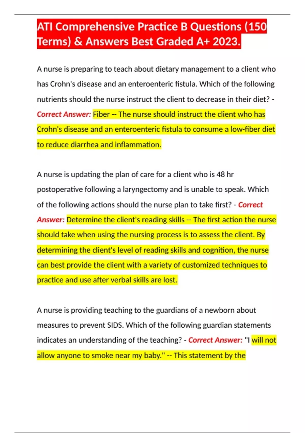 ATI Comprehensive Practice B Questions (150 Terms) & Answers Best ...