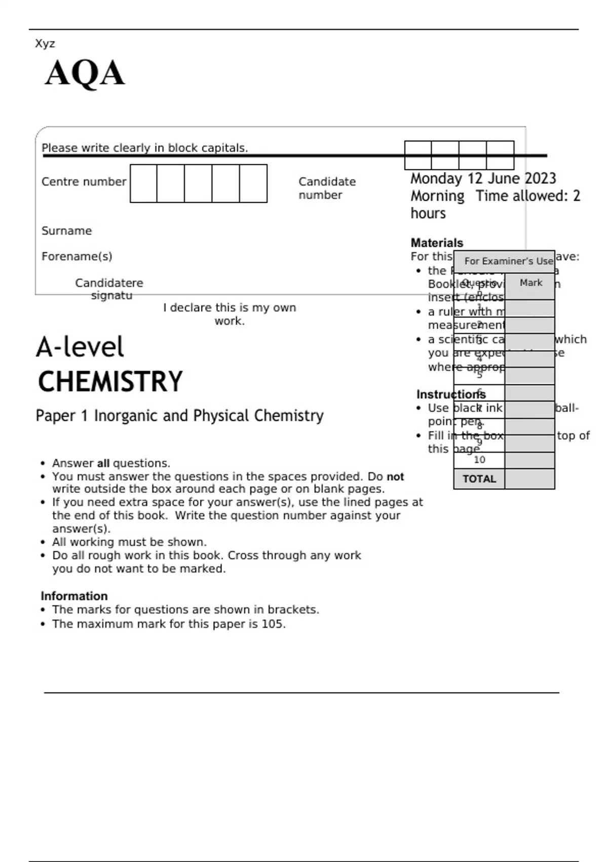 AQA A-level CHEMISTRY Paper 1 JUNE 2023 QUESTION PAPER: Inorganic and ...