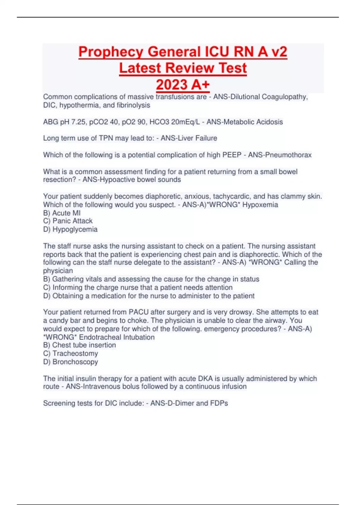 Prophecy Surgical ICU Exam A v3 2023 Update, Prophecy general ICU A V3 ...