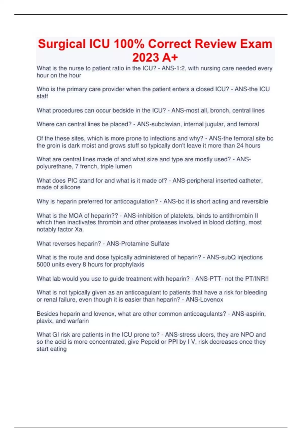 Surgical ICU 100% Correct Review Exam 2023 A+ - Surgical ICU 100% ...