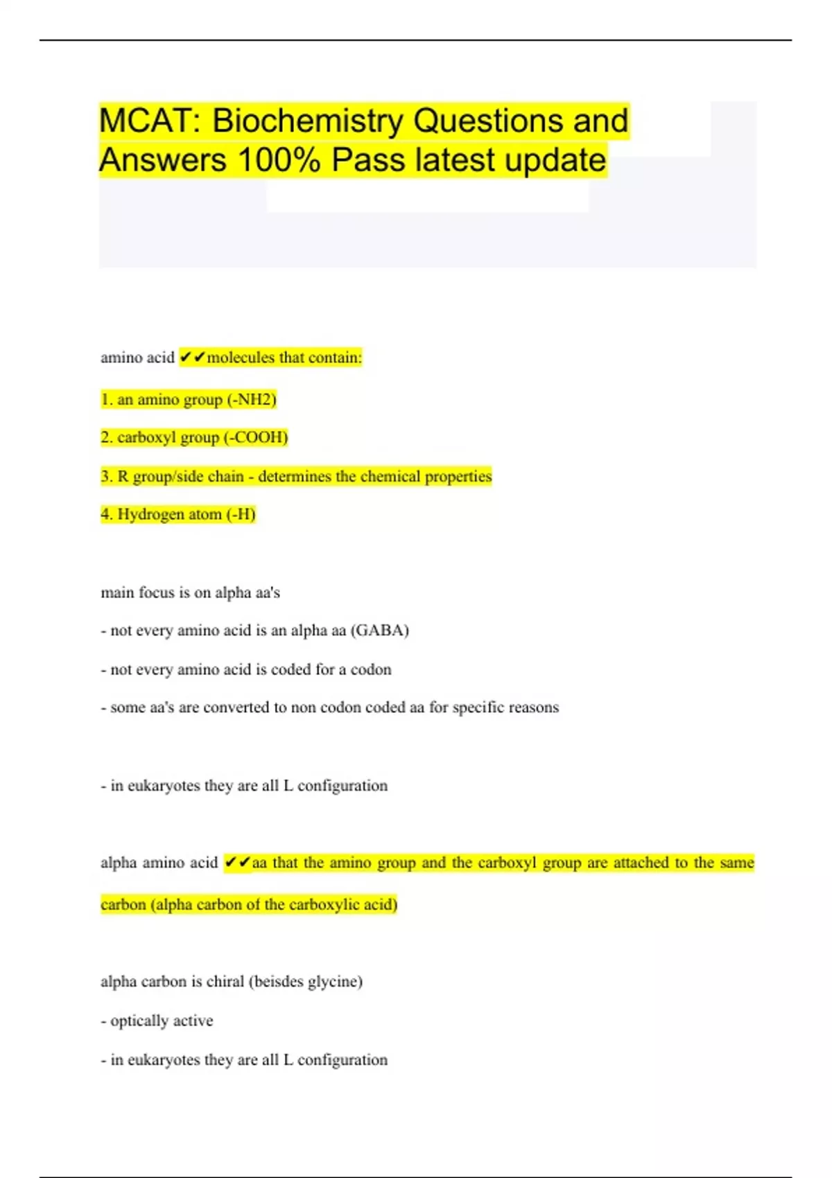 Mcat Biochemistry Questions And Answers 100 Pass Latest Update Mcat Biochemistry Stuvia Us