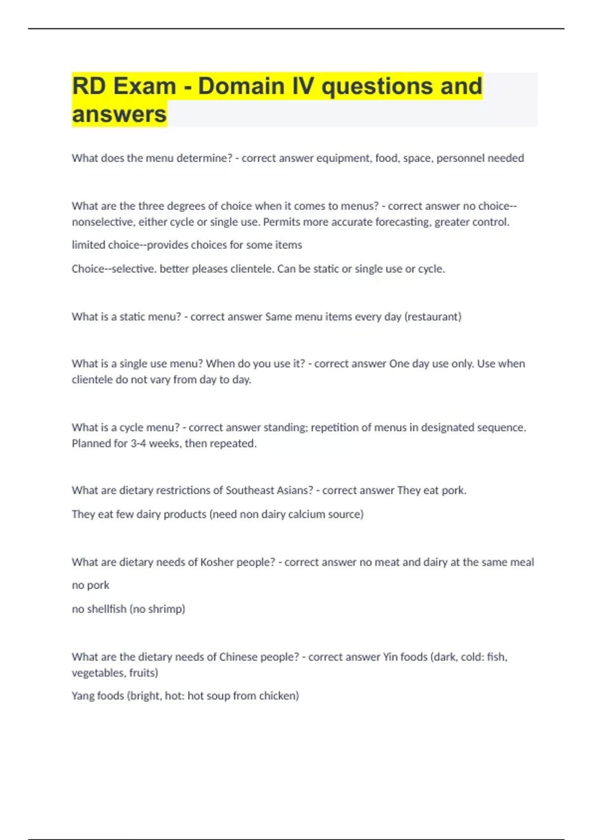 RD Exam - Domain IV questions and answers - CDR RD - Stuvia US