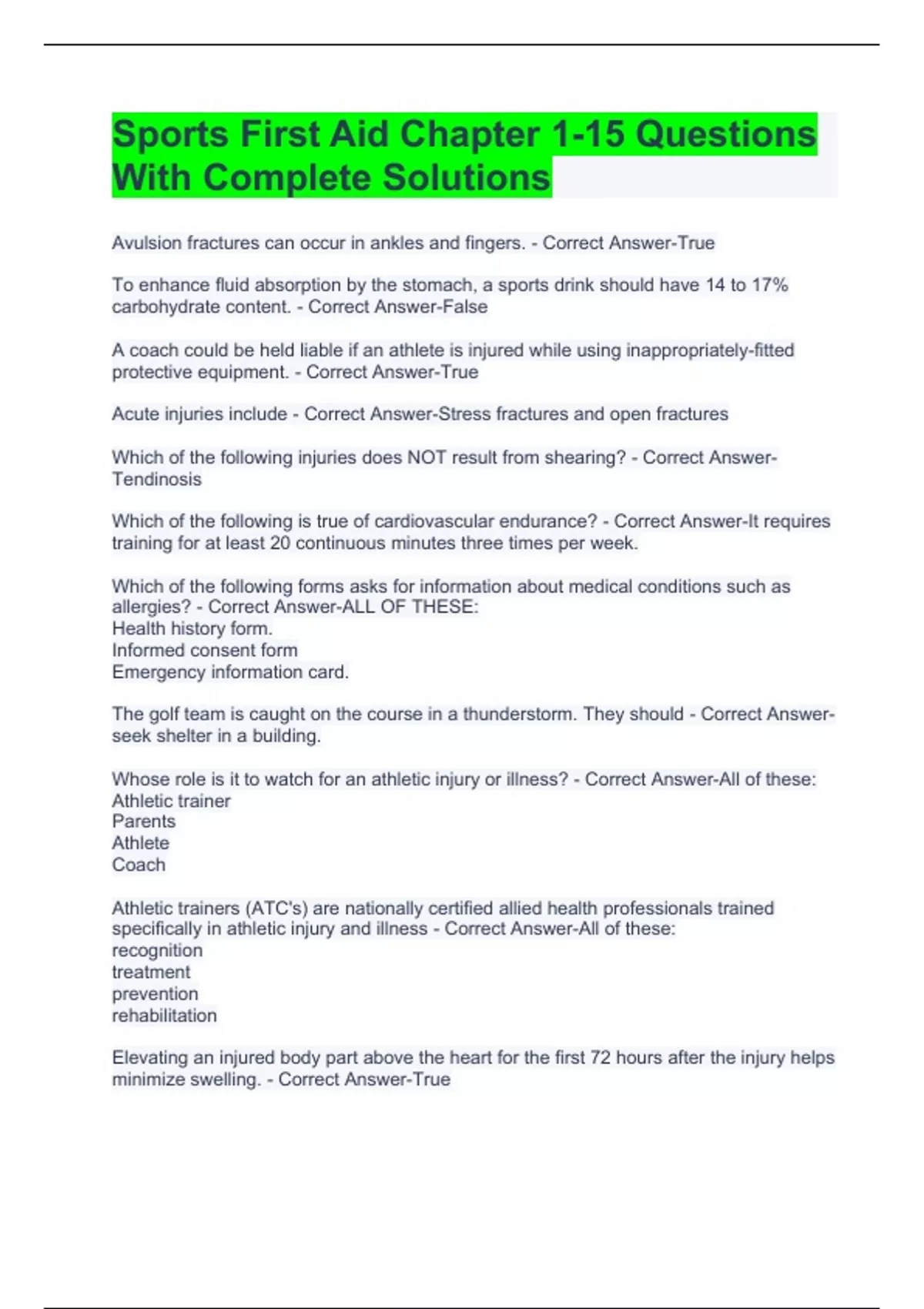 Sports First Aid Chapter 1-15 Questions With Complete Solutions - ASEP - Stuvia US