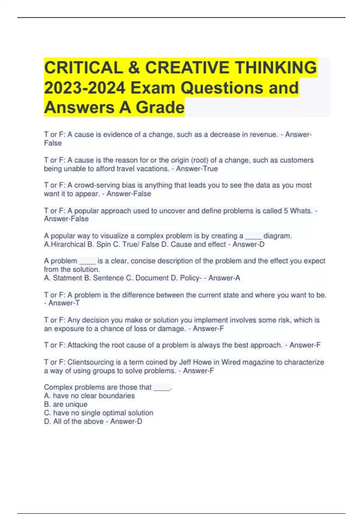 CRITICAL & CREATIVE THINKING Exam Questions and Answers A Grade ...