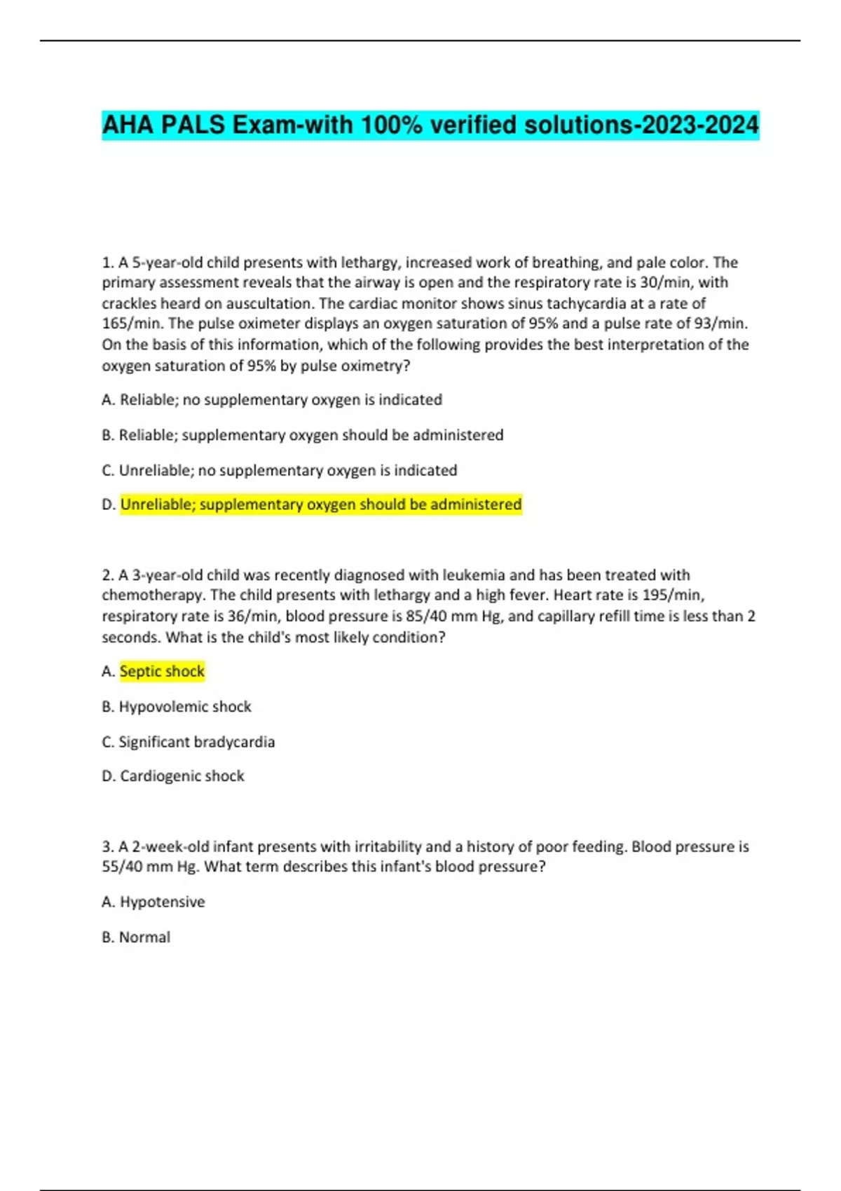 AHA PALS Exam-with 100% verified solutions- - AHA PALS - Stuvia US