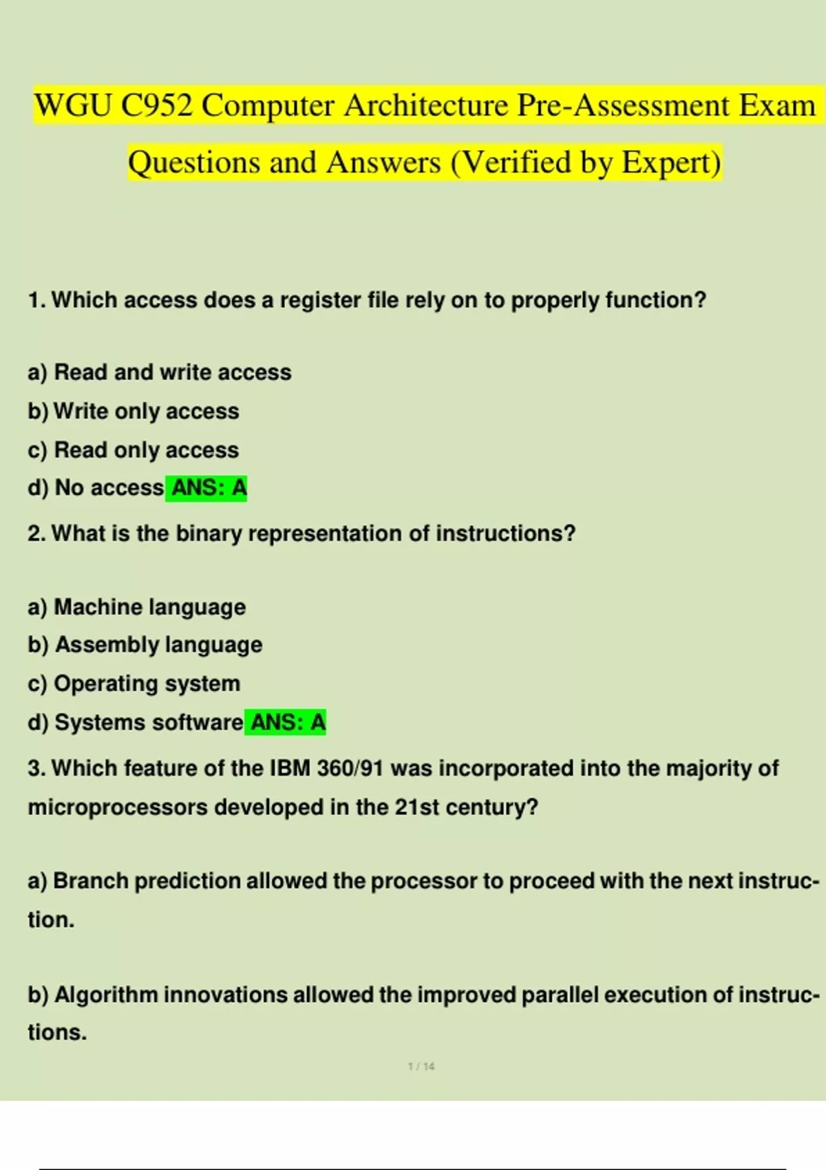 WGU C952 Computer Architecture Pre-Assessment Exam Questions and Answers () (Verified by Expert ...