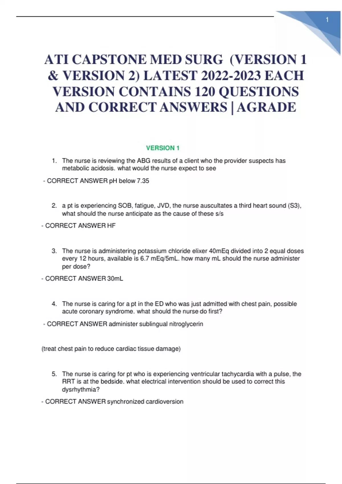 ATI CAPSTONE MED SURG (VERSION 1 & VERSION 2) LATEST EACH VERSION ...