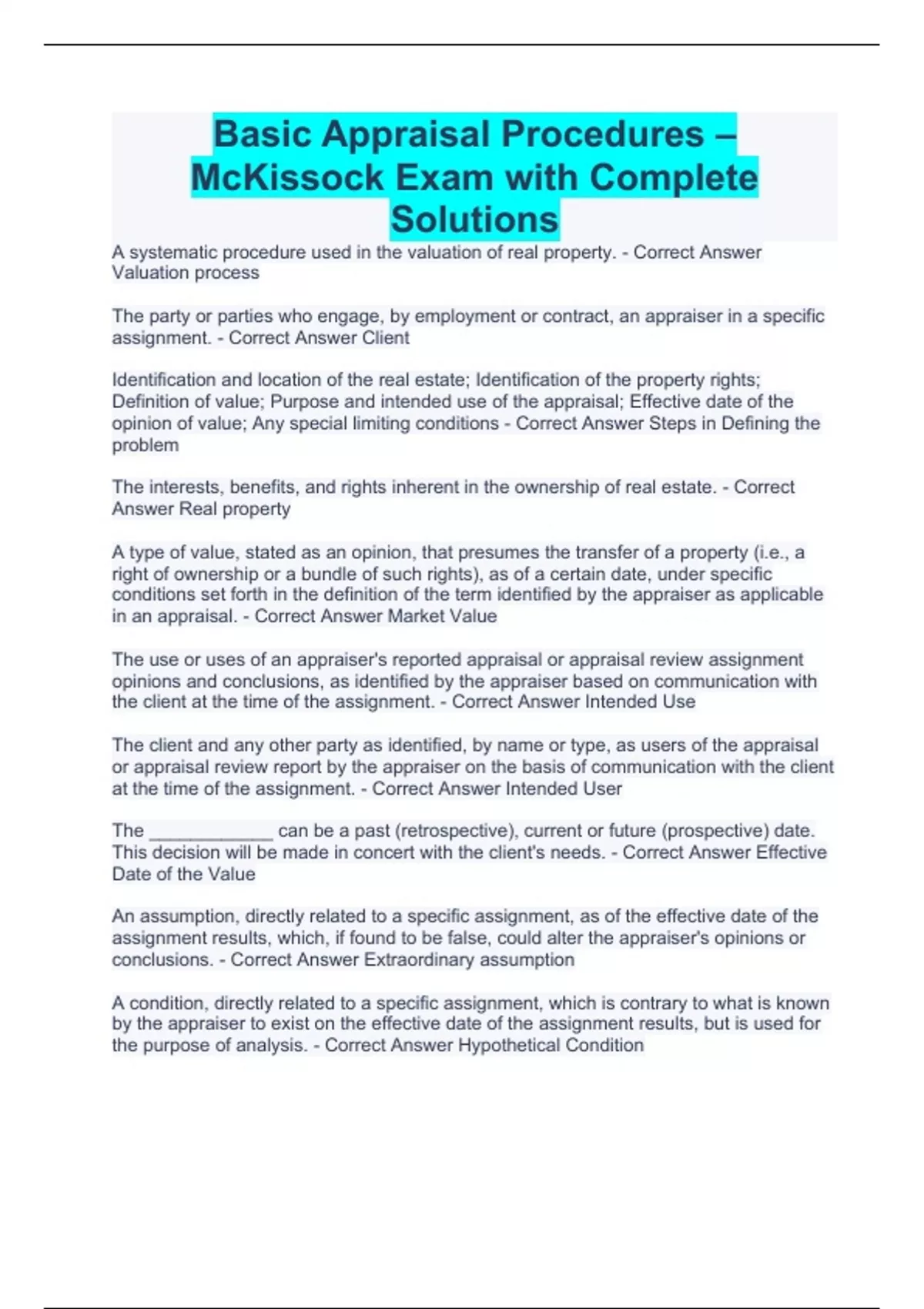 Basic Appraisal Procedures Exam Bundle with Complete Solutions 2023/ ...