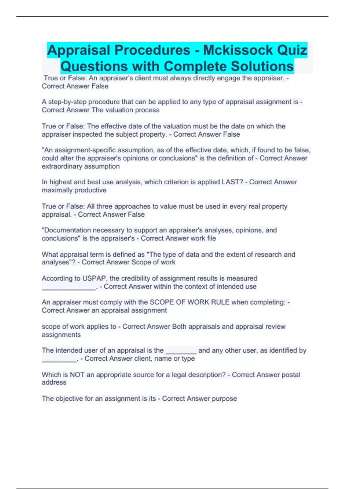 Appraisal Procedures - Mckissock Quiz Questions with Complete Solutions ...