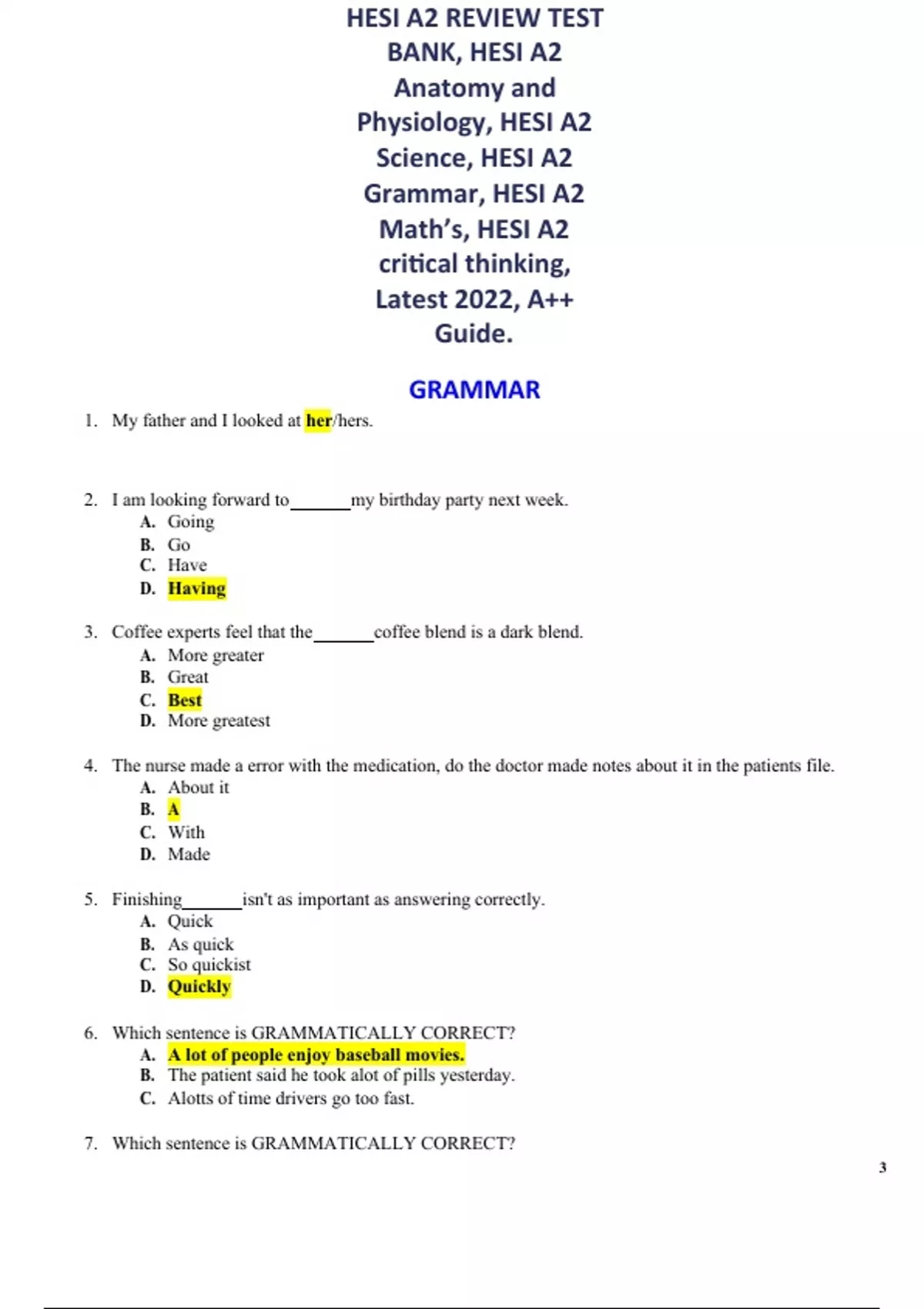 HESI A2 REVIEW TEST BANK, HESI A2 HESI A2 Math’s, HESI A2 critical ...