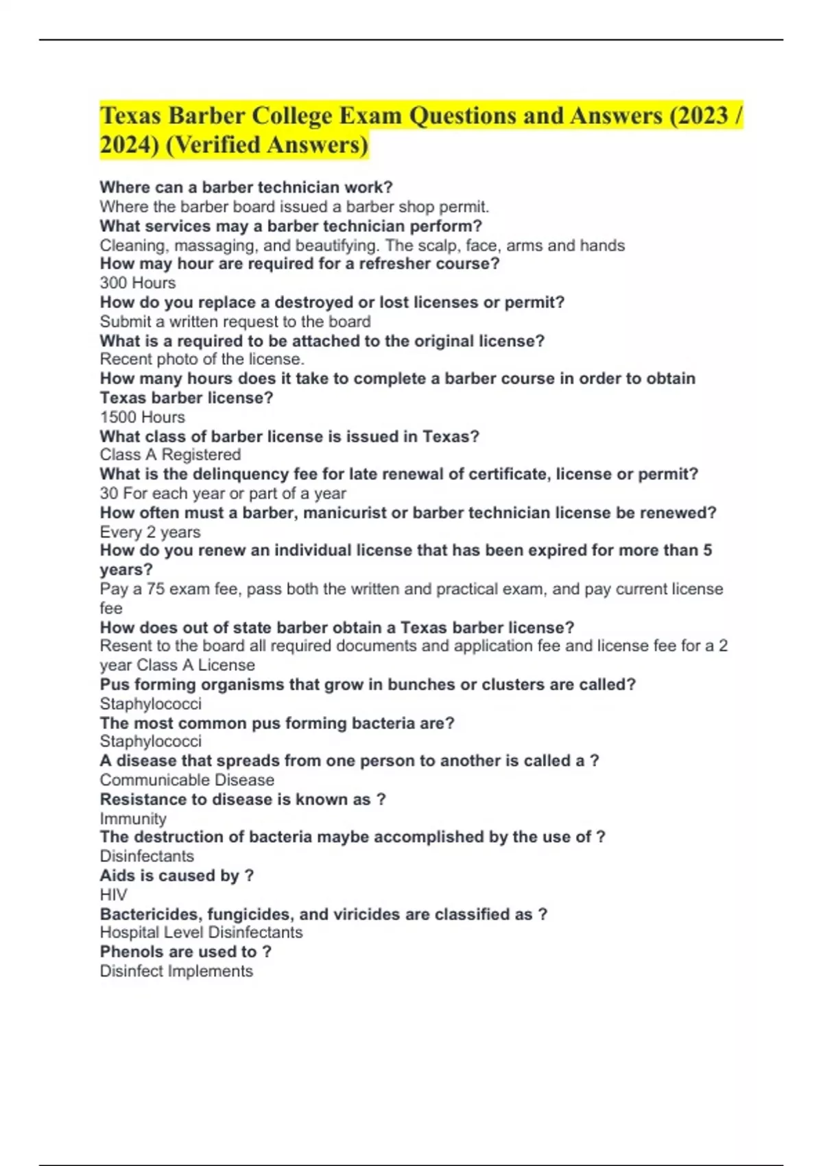 Texas Barber Exam STUDY BUNDLE PACK SOLUTION () (Verified) - Stuvia US