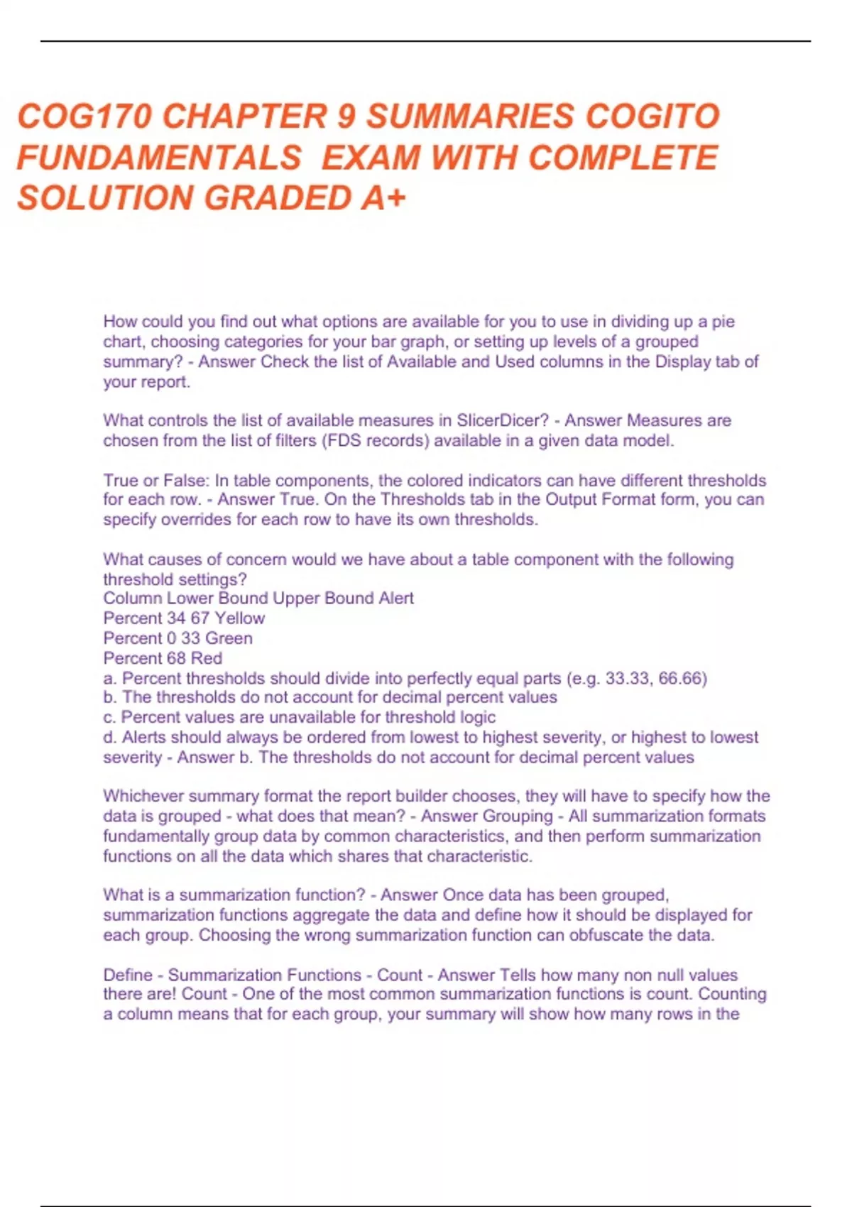 COG170 Chapter 9 Summaries Cogito Fundamentals Exam With Complete Solution Graded A+ - COG170 ...