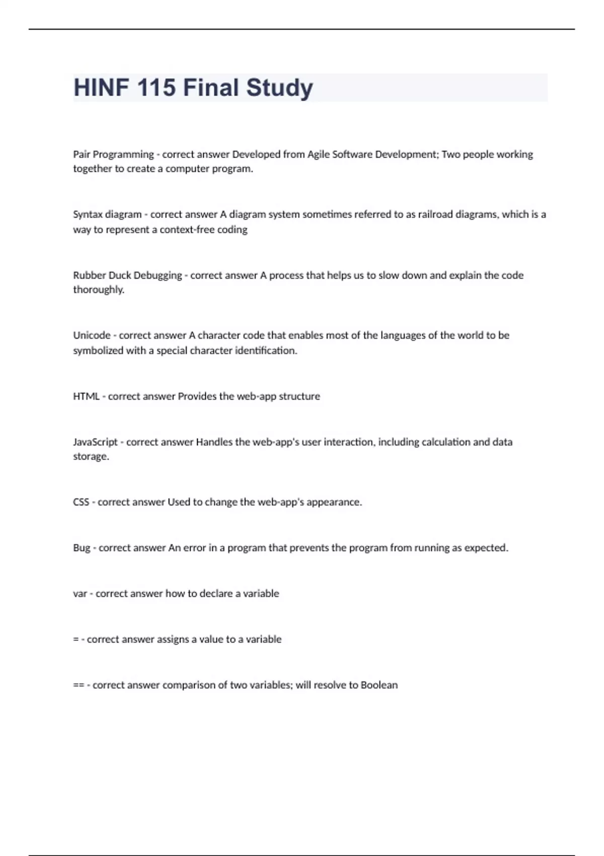 HINF 115 Final Study questions well answered 2023 - HINF - Stuvia US