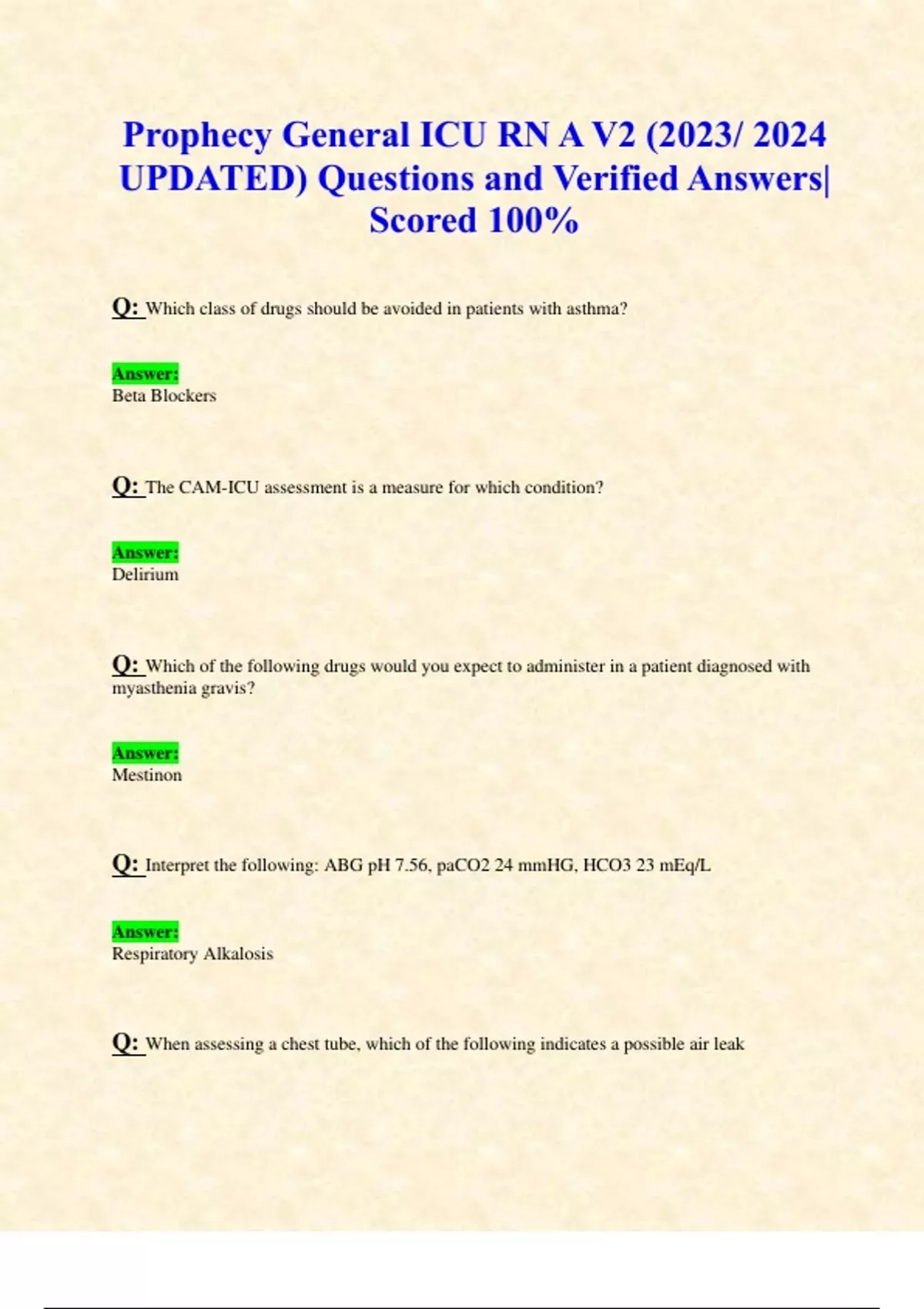 Prophecy General ICU RN A V2 (2023/ 2024 UPDATED) Questions and ...