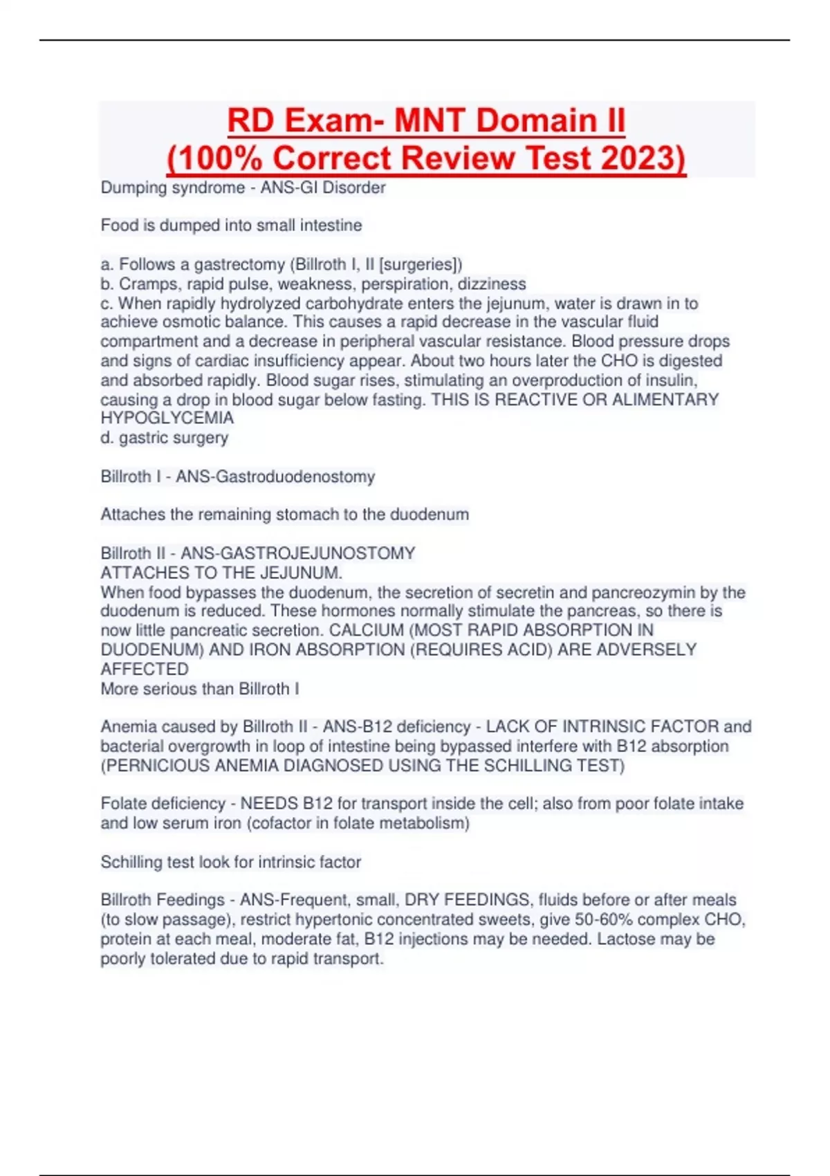 RD Exam- MNT Domain II (100% Correct Review Test 2023) - RD Exa- MNT ...