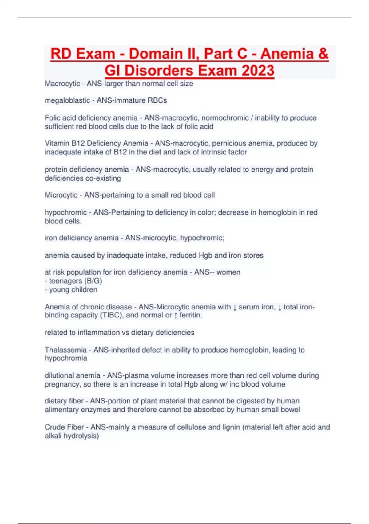 RD Exam - Domain II, Part C - Anemia & GI Disorders Exam 2023 - RD Exa ...