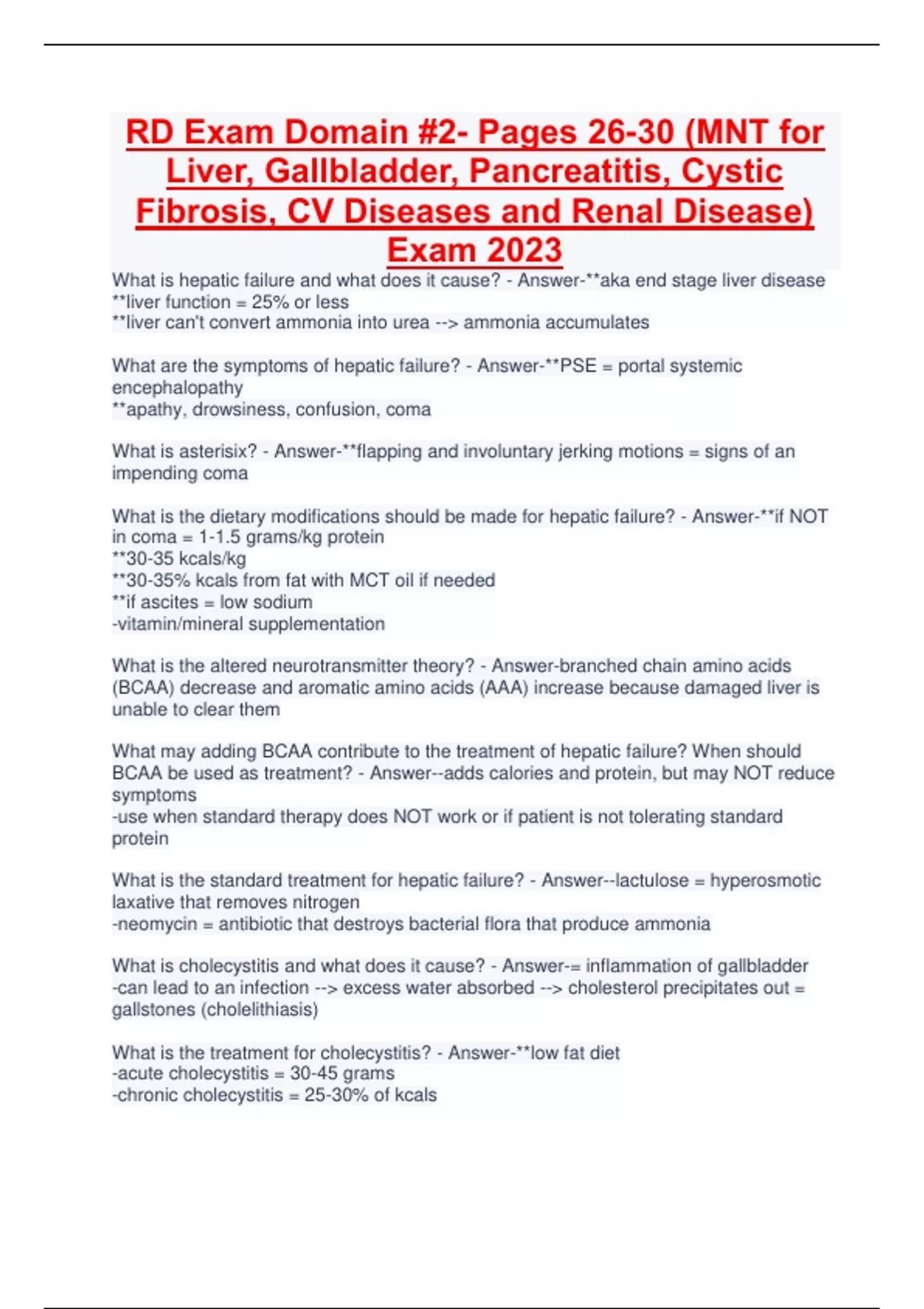 RD Exam Domain #2- Pages 26-30 (MNT for Liver, Gallbladder ...