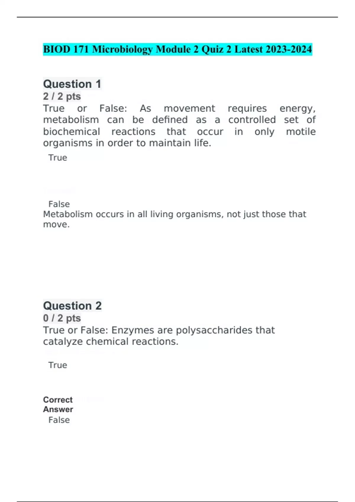 BIOD 171 Microbiology Module 2 Quiz 2 Latest - BIOD 171 Microbiology ...