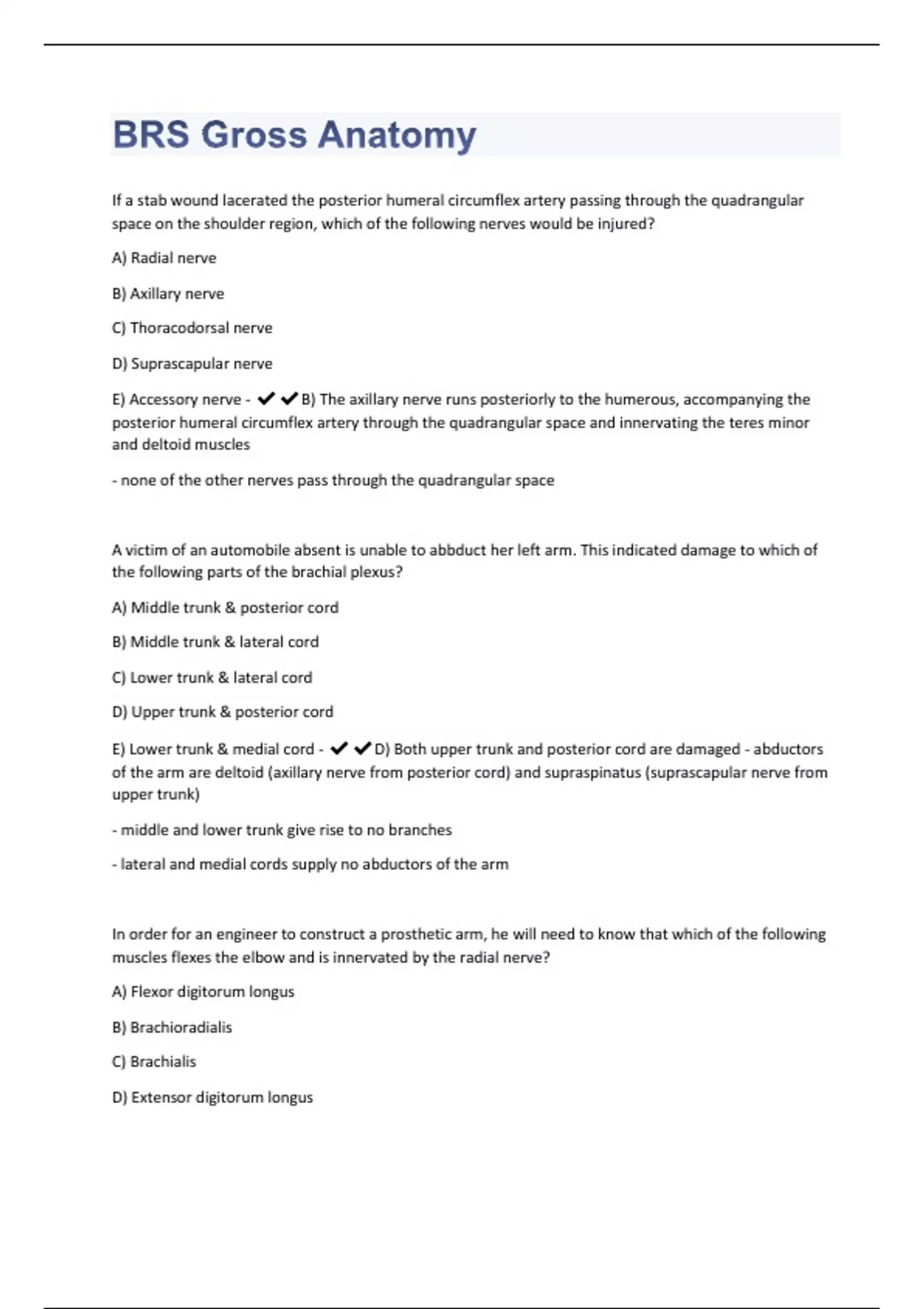 BRS: Gross Anatomy | 100 Questions and Answers(A+ Solution guide) - BRS: Gross Anatomy - Stuvia US