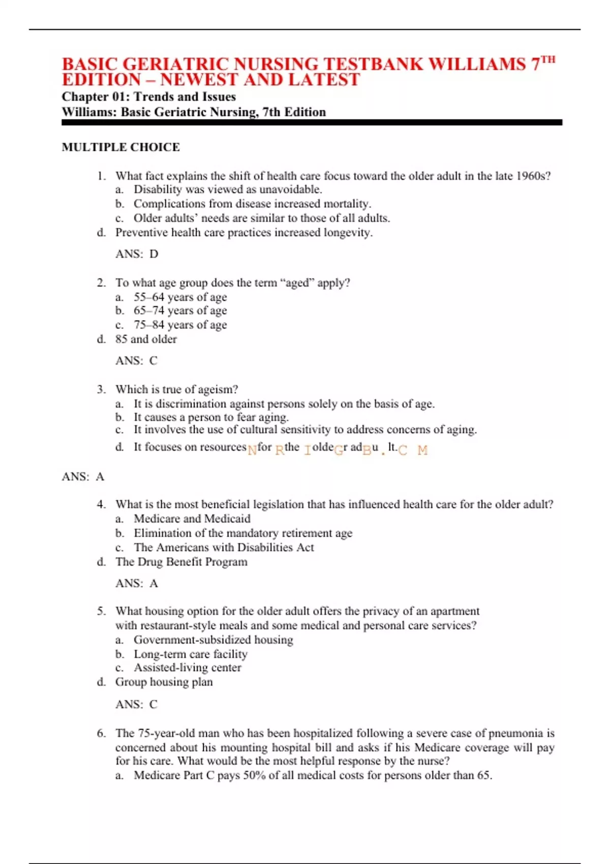 BASIC GERIATRIC NURSING TESTBANK WILLIAMS 7TH EDITION – NEWEST AND ...