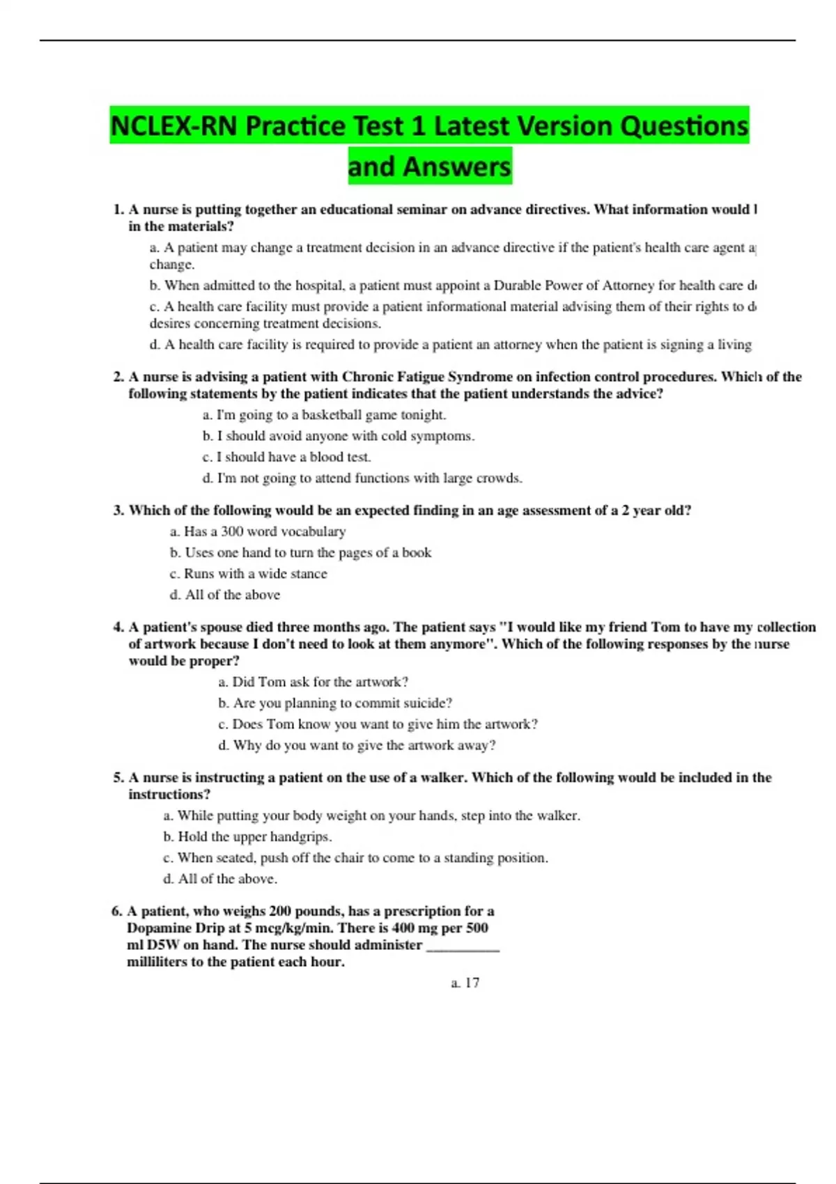 NCLEX-RN Practice Test 1 Latest Version Questions and Answers - NCLEX ...