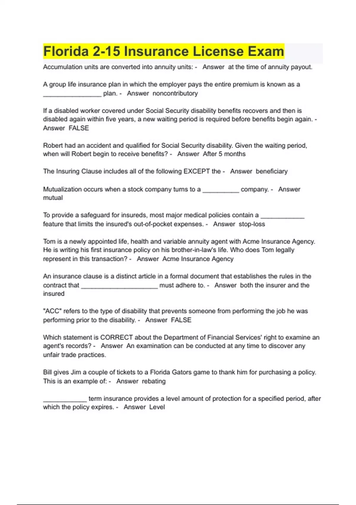 Florida 2-15 Insurance License Exam 2023/2024(Gold Rated)Questions ...