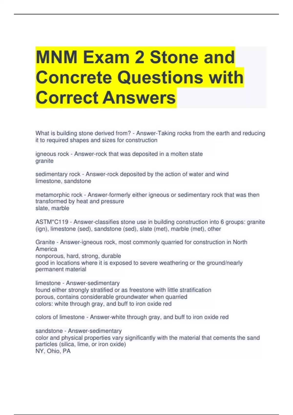MNM Exam 2 Stone and Concrete Questions with Correct Answers - MNM ...
