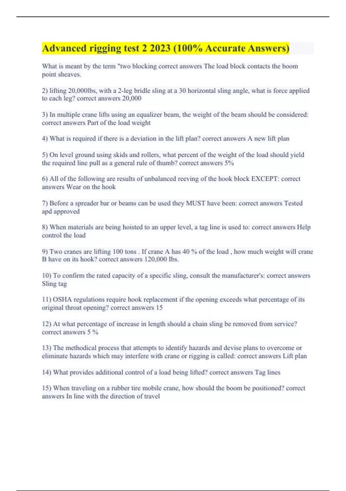 Advanced rigging test 2 2023 (100% Accurate Answers) - Advanced rigging ...