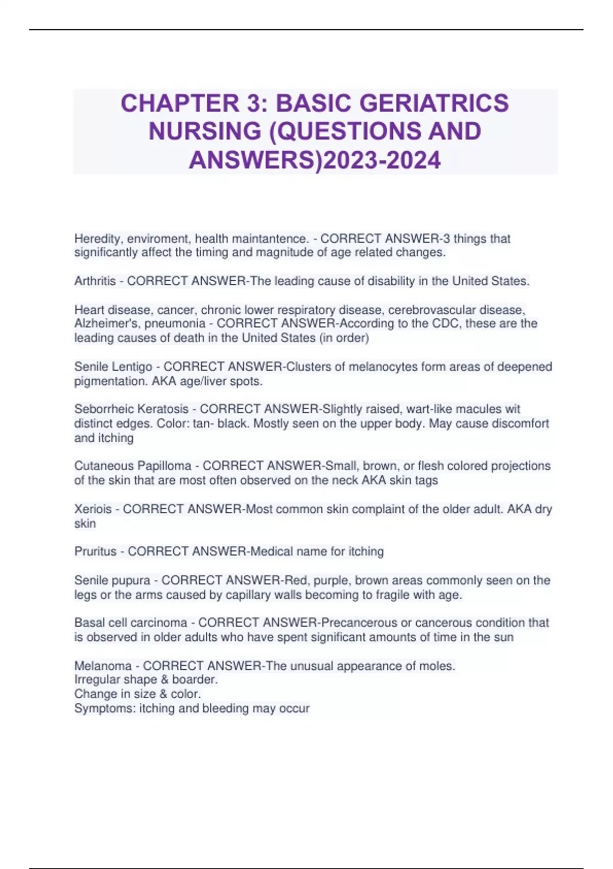 CHAPTER 3: BASIC GERIATRICS NURSING (QUESTIONS AND ANSWERS ...