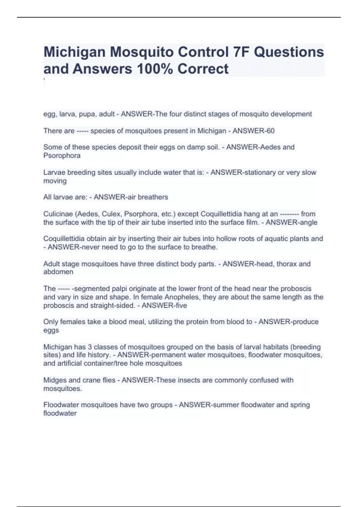 Michigan Mosquito Control 7F Questions and Answers 100% Correct ...