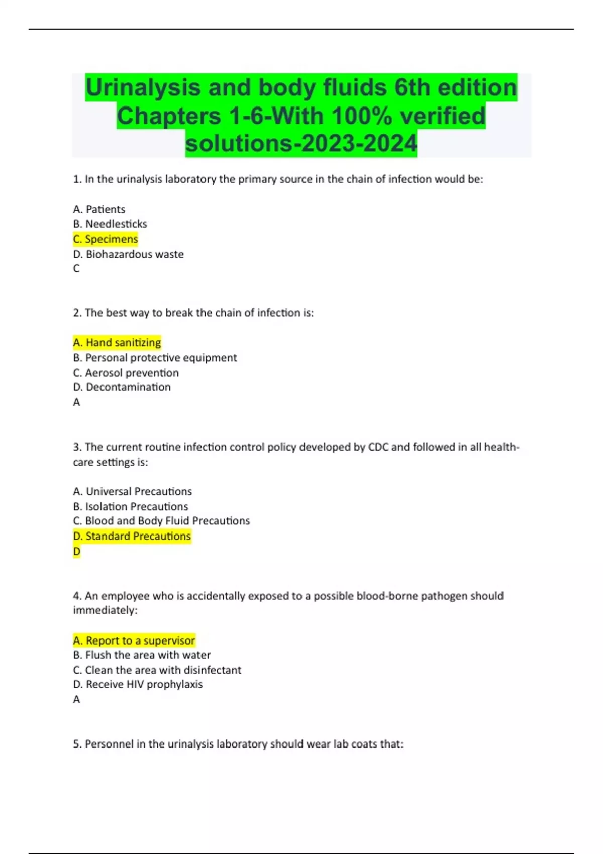 Urinalysis and body fluids 6th edition Chapters 1-6-With 100% verified solutions- - Urinalysis ...