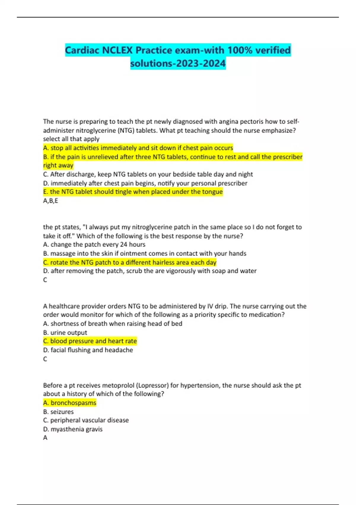 Cardiac NCLEX Practice exam-with 100% verified solutions- - Cardiac ...
