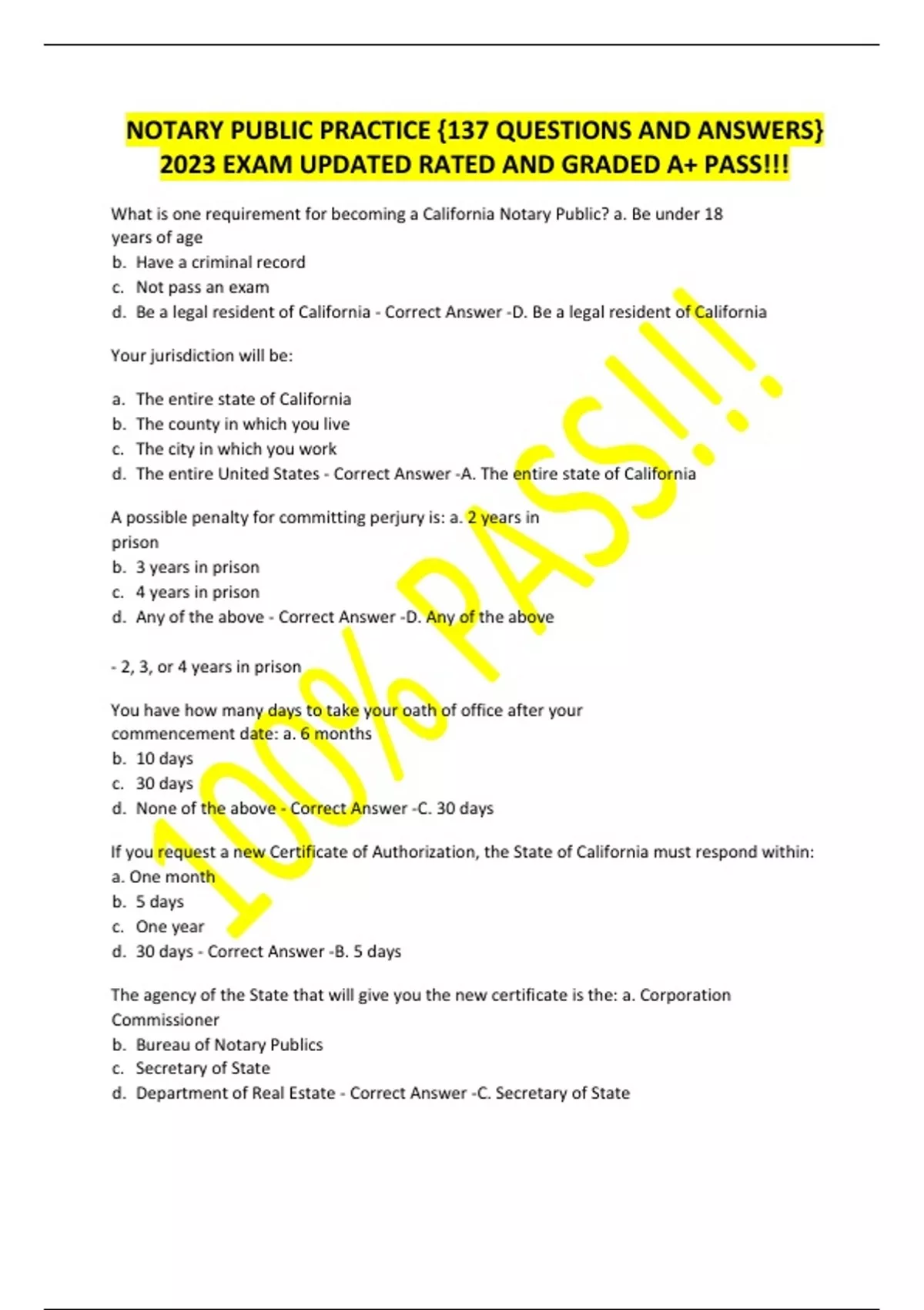 NOTARY PUBLIC PRACTICE -137 QUESTIONS AND ANSWERS- 2023 EXAM UPDATED ...