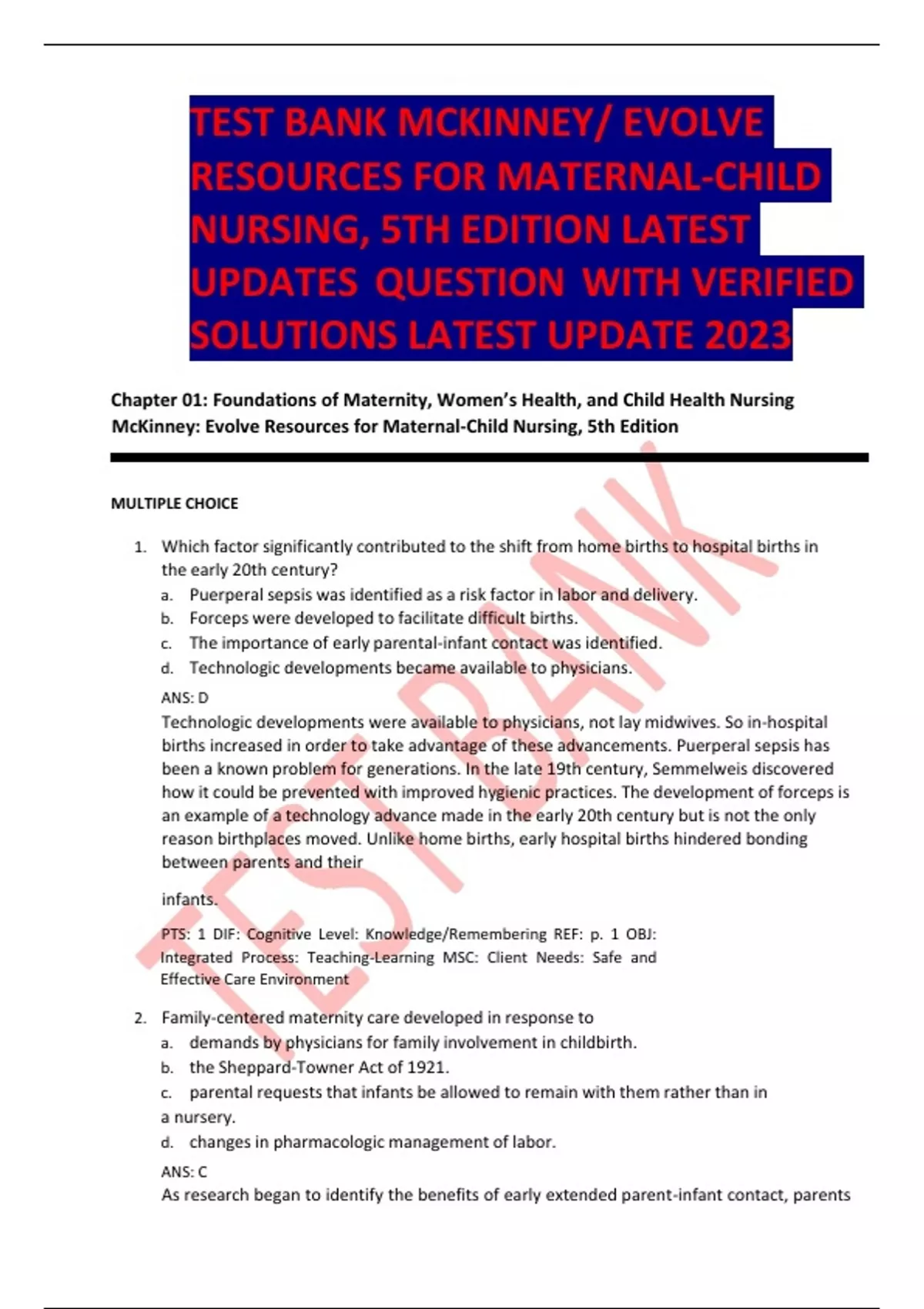 TEST BANK MCKINNEY/ EVOLVE RESOURCES FOR MATERNAL-CHILD NURSING, 5TH ...