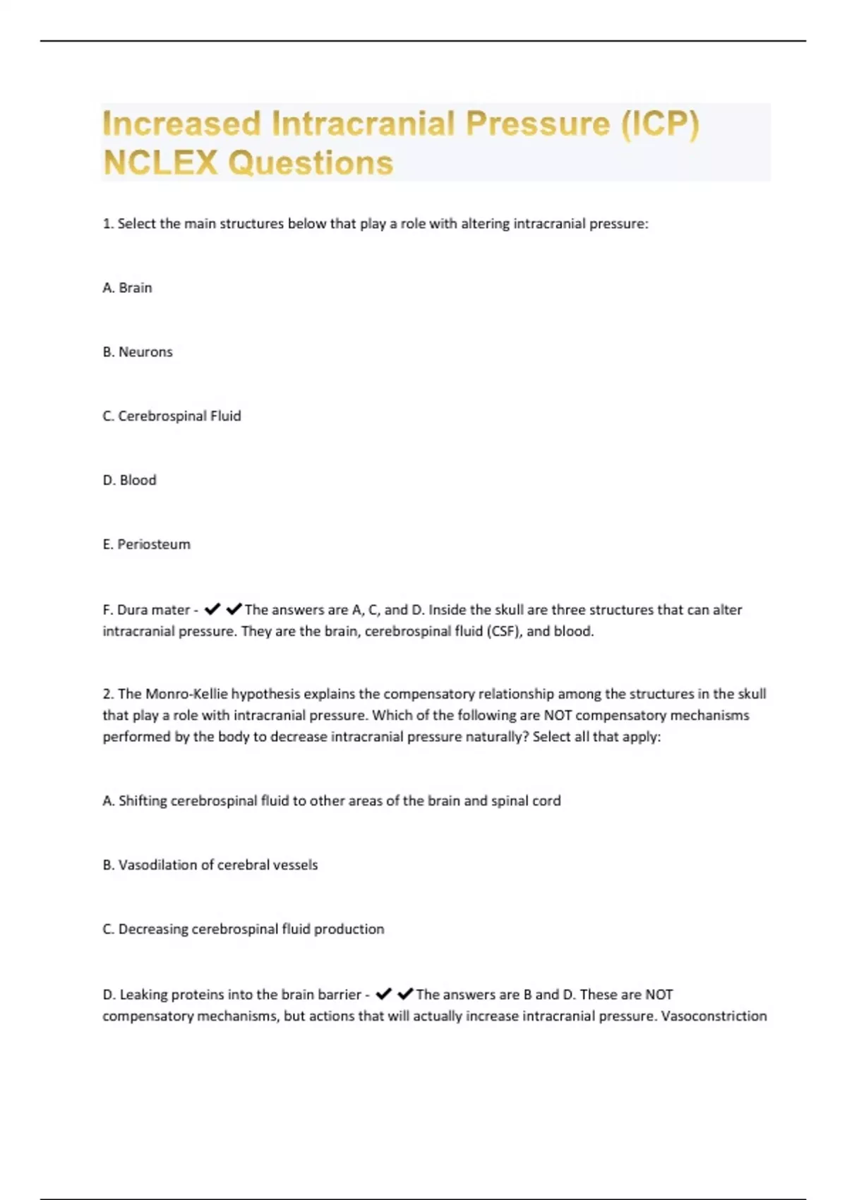 Increased Intracranial Pressure (ICP) NCLEX Questions With Correct ...