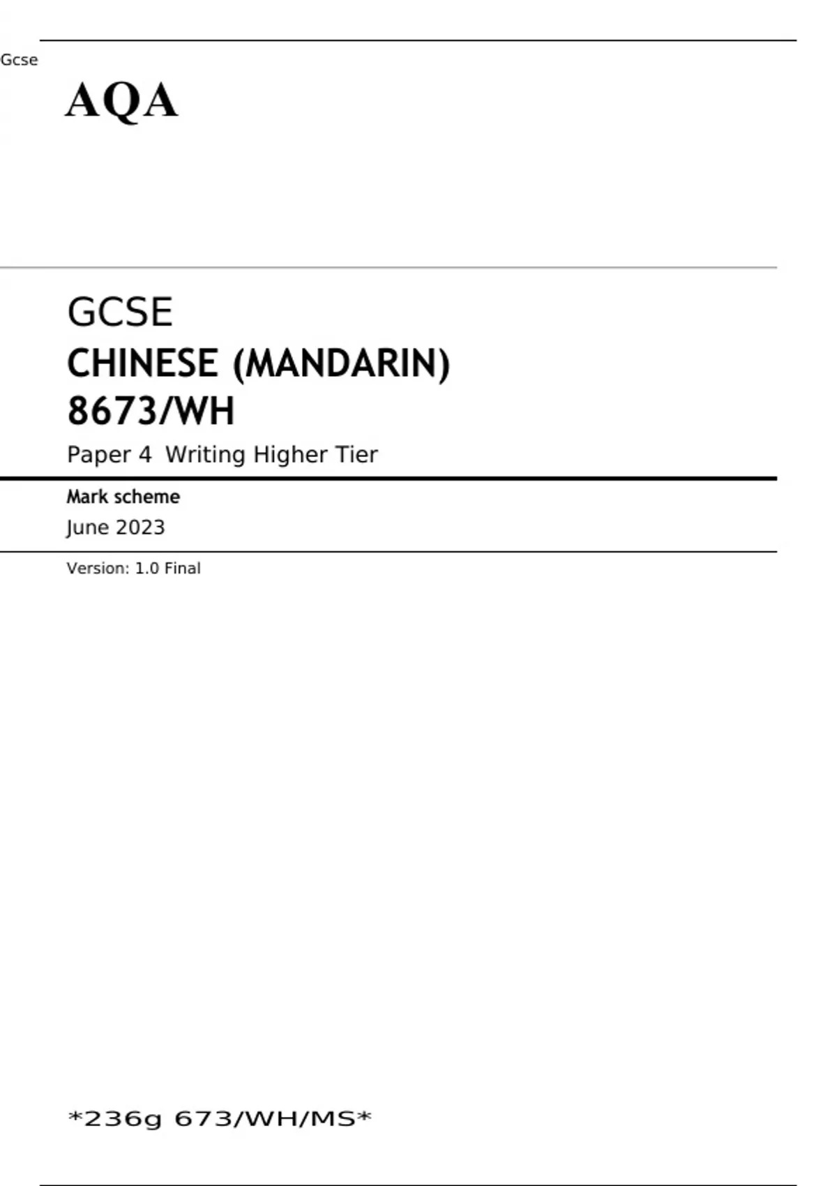 AQA GCSE CHINESE (MANDARIN) Higher Tier Paper 4 Writing JUNE 2023 ...