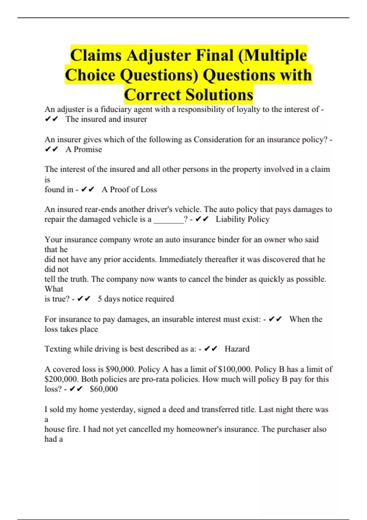Claims Adjuster Final (Multiple Choice Questions) Questions with ...