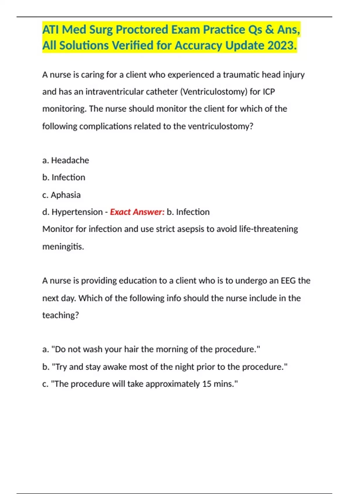 ATI Med Surg Proctored Exam Practice Qs & Ans, All Solutions Verified for Accuracy Update 2023 ...